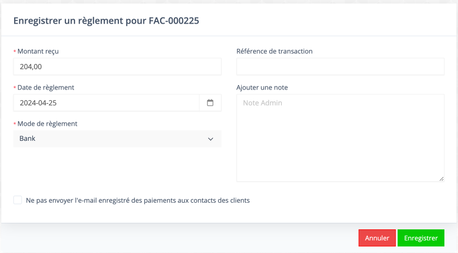 Enregistrer le paiement de la facture - Quik Gest