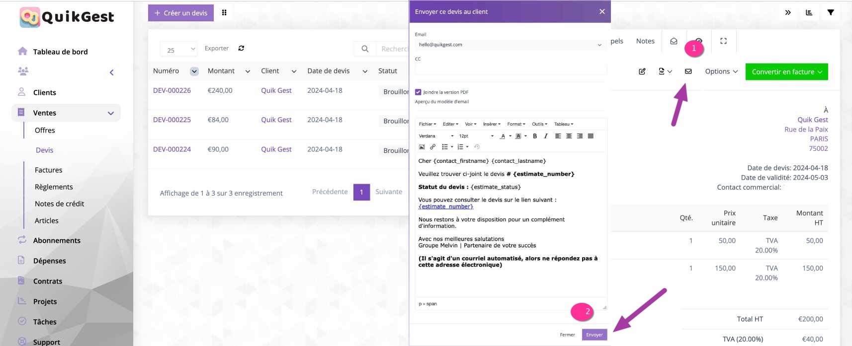 Envoyer mes devis depuis Quik Gest - Quik Gest